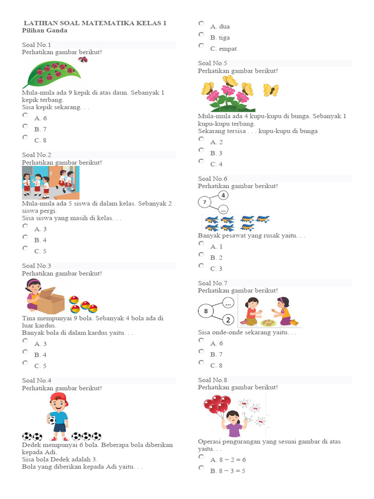 Latihan Soal Matematika Kelas 1 | PDF