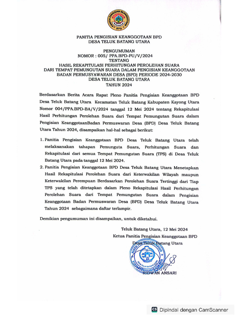 Pengumuman Perolehan Suara BPD TBU 2024 | PDF