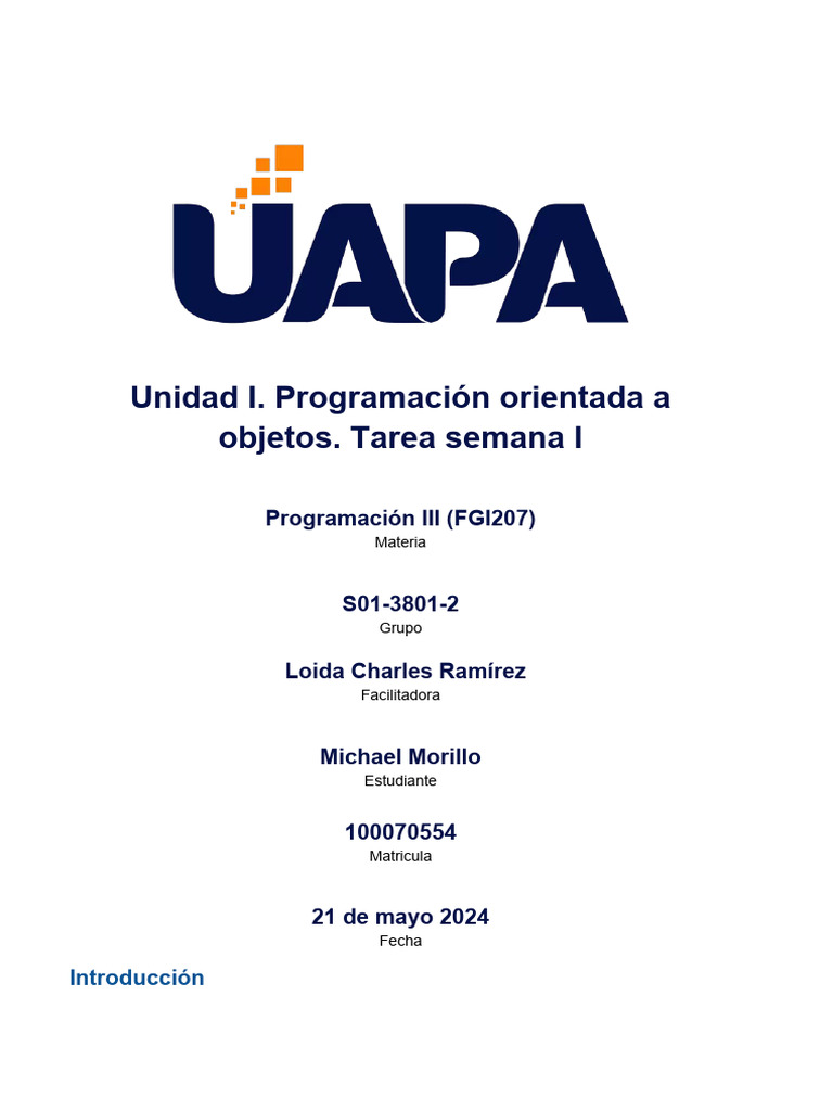 Unidad I ProgramaciÃ N Orientada A Objetos Tarea Semana I Pdf Objeto Informática
