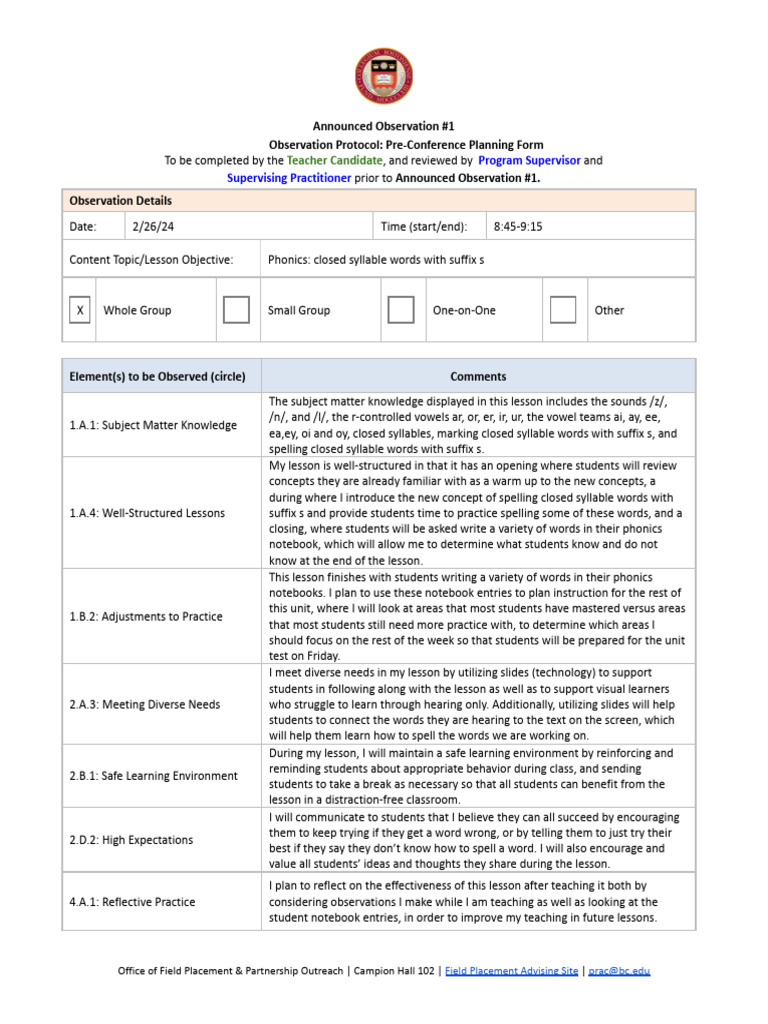 7 1 announced observation 1 reflection and feedback form | PDF ...