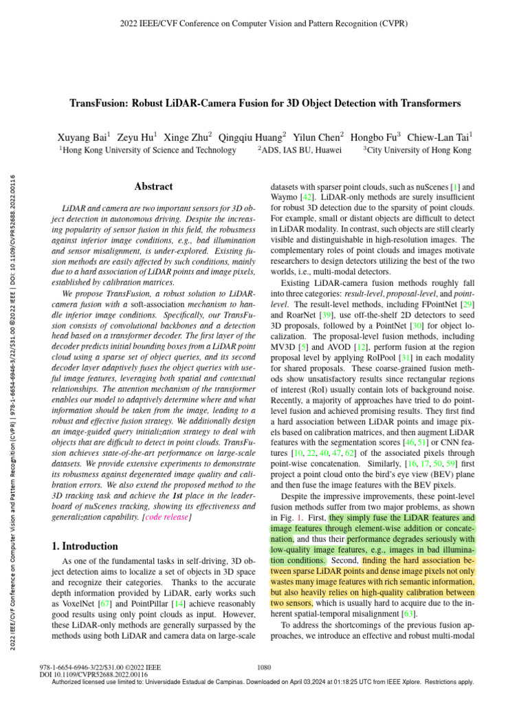 Transfusion Robust Lidar Camera Fusion For 3d Object Detection With Transformers Pdf Lidar