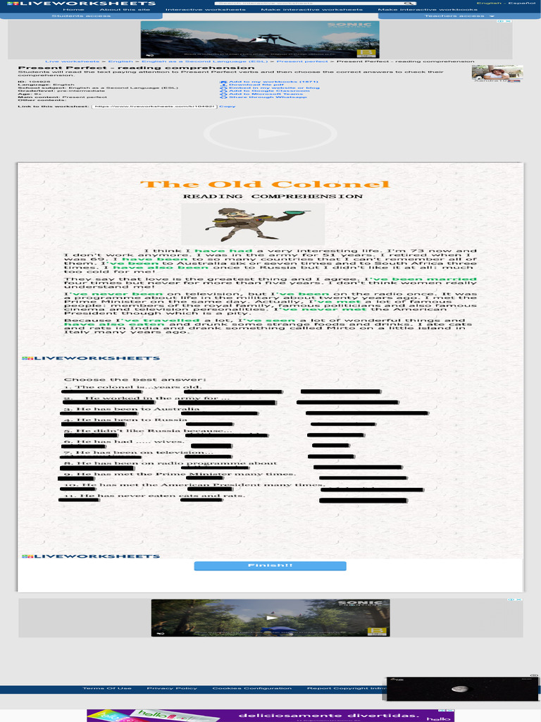 Present Perfect - Reading Comprehension Worksheet | PDF