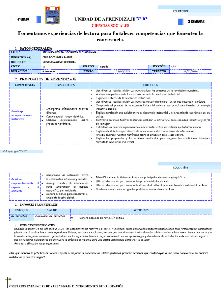 UNIDAD DIDÁCTICA #2 - CC - SS - 4to | PDF | Evaluación | Aprendizaje