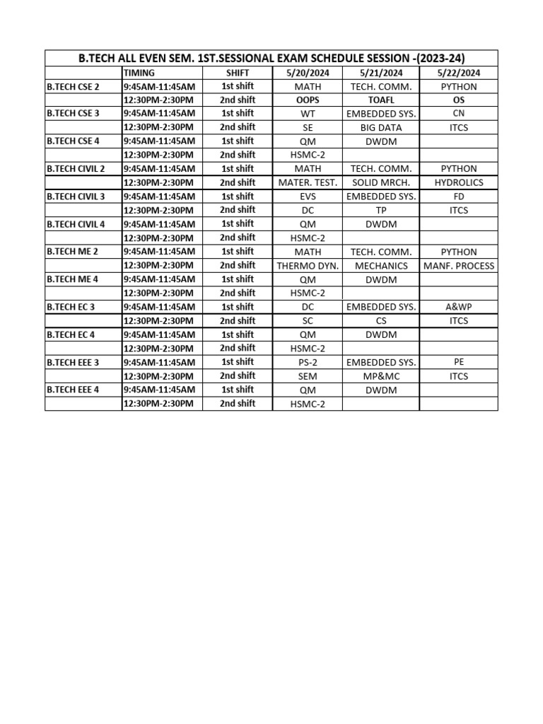 B.tech Date Sheet | PDF