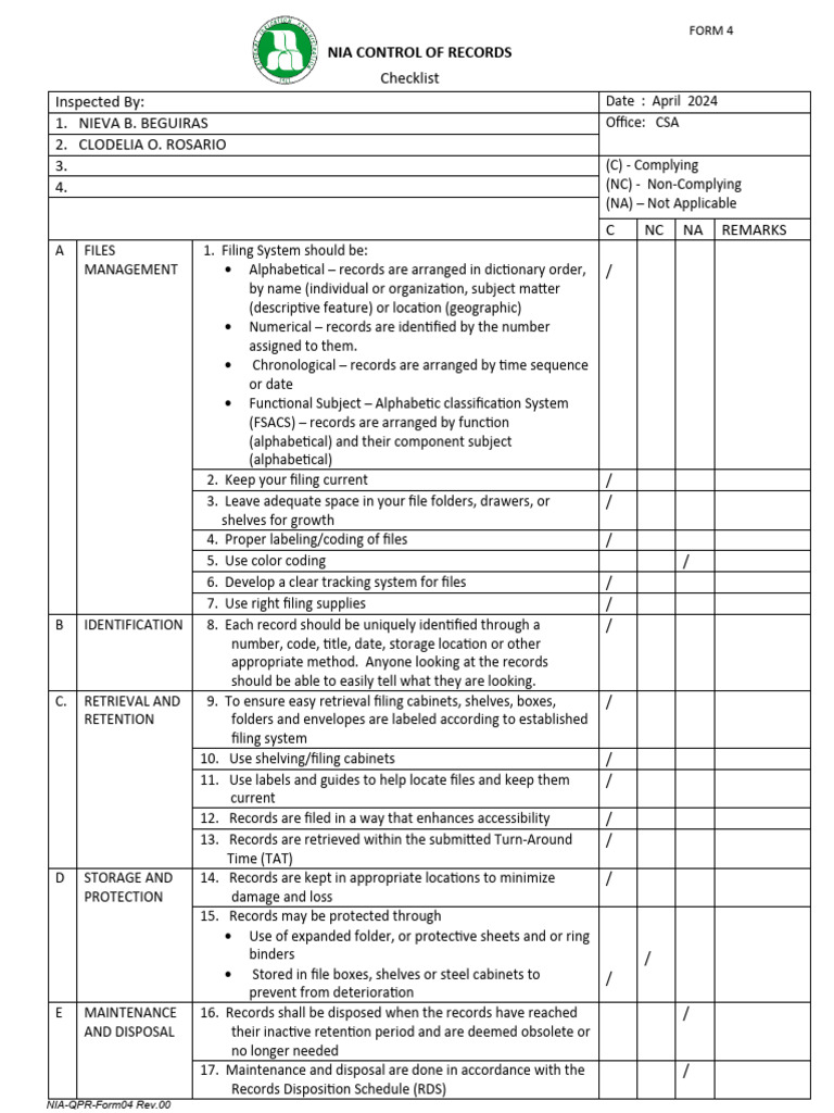 Control of Records Checklist April 2024 | PDF