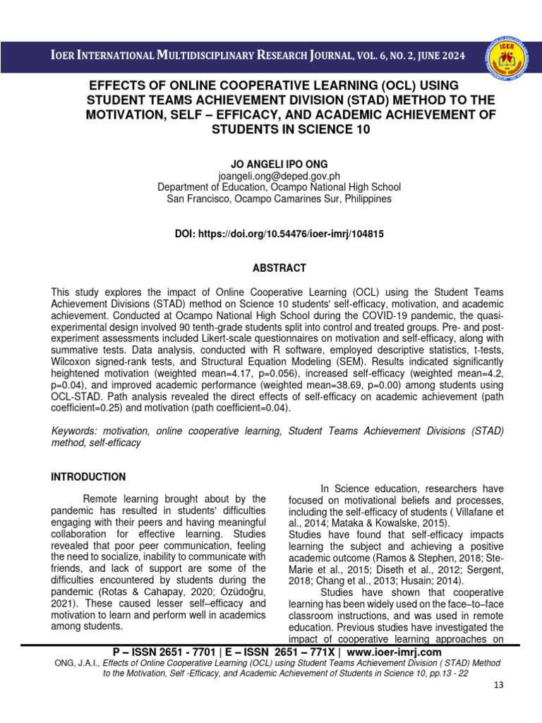 Effects of Online Cooperative Learning (OCL) Student Teams Achievement Division (STAD) | PDF ...