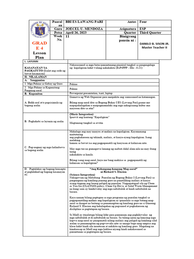 Lesson Plan in Esp S.Y Final | PDF