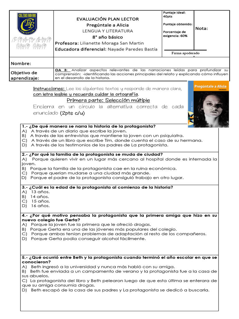 Prueba 8° Plan Lector Pregúntale A Alicia | PDF | Ficción general
