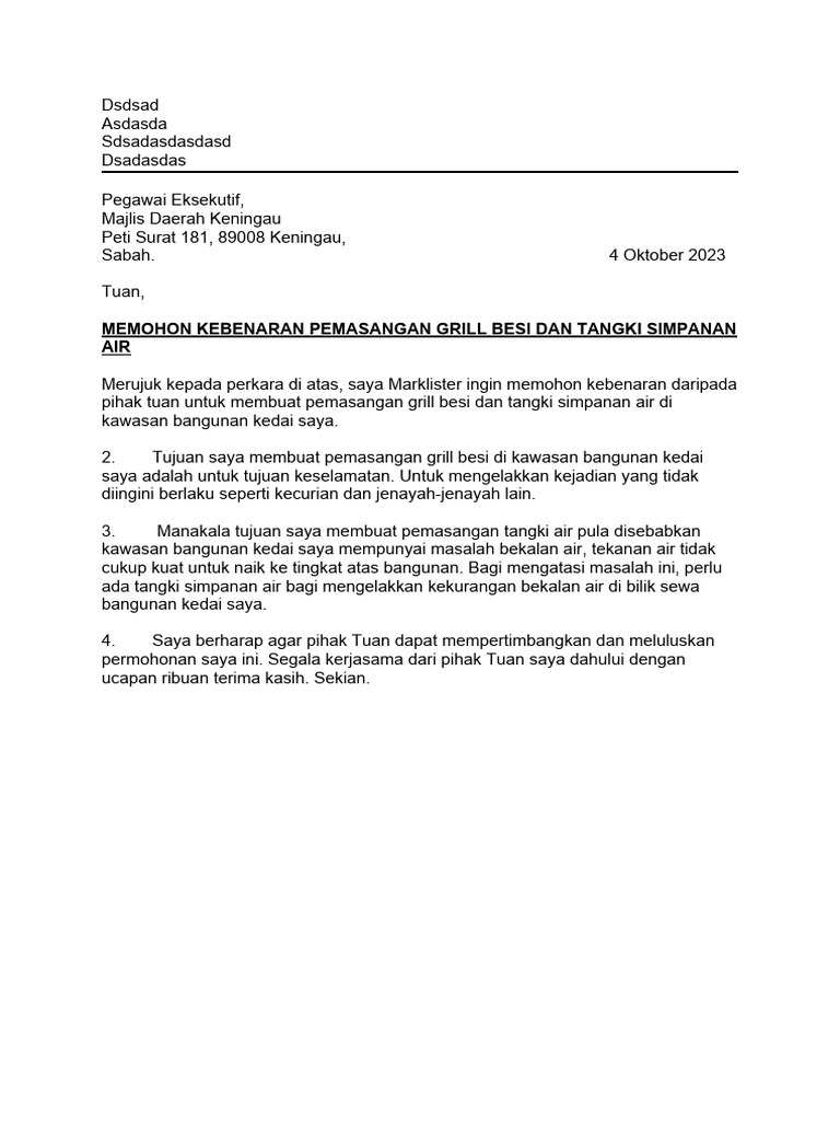 Memohon Kebenaran Pemasangan Grill Besi Dan Tangki Simpanan Air | PDF