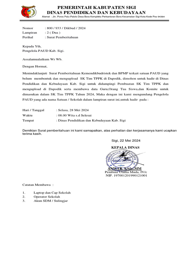 Surat Pemberitahuan Satuan Paud Yang Belum Mebentuk SK Tim TPPK Dan ...