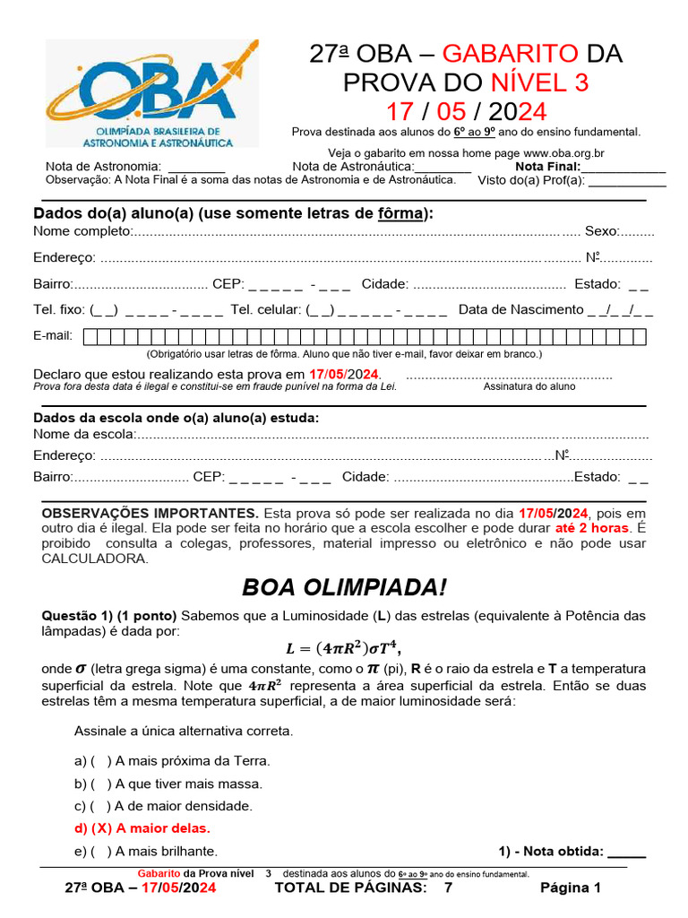 Prova Nível 3 Da 27 OBA de 2024 - GABARITO-compactado | Download grátis ...