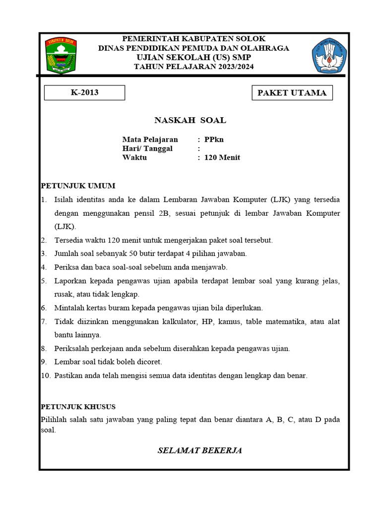 Soal US SMP PPkn 2023/2024 | PDF | Kajian Bahasa Asing