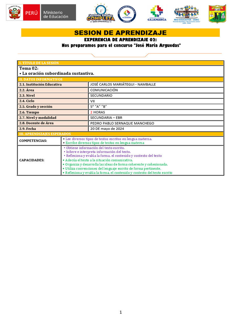 5° Sesion Actv 01.2 - Comunicación 2024 | PDF | Oración (Lingüística) | Mecánica del lenguaje