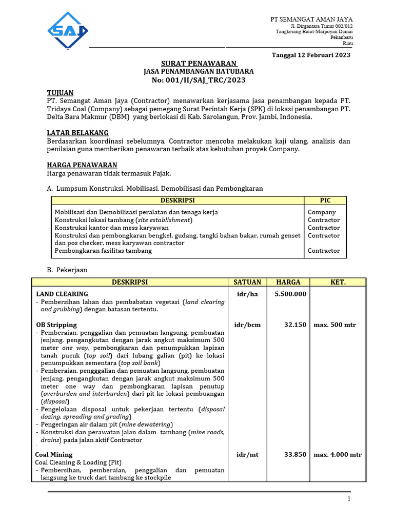 Proposal Jasa Penambangan Batubara - PT Tridaya - Rev1 | PDF