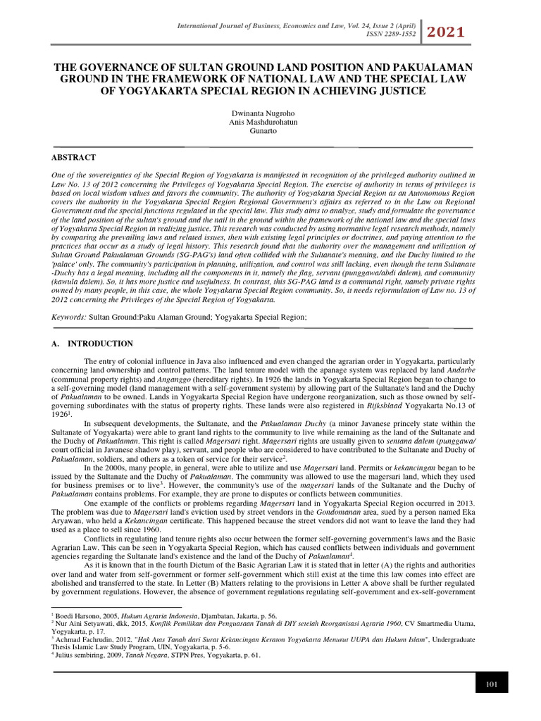 Nugroho Et Al (2021) the Governance of Sultan Ground Land Position and ...