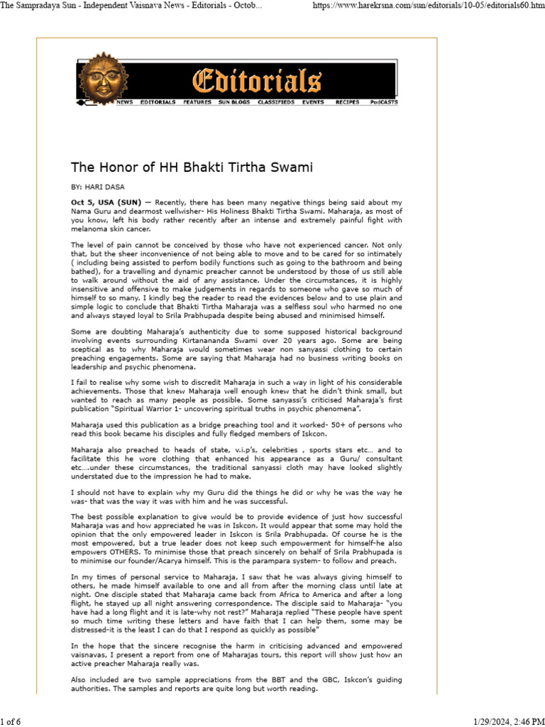 In Honor of Bhakti Tirtha Swami - Hari Dasa | PDF | Vaishnavism | Krishna
