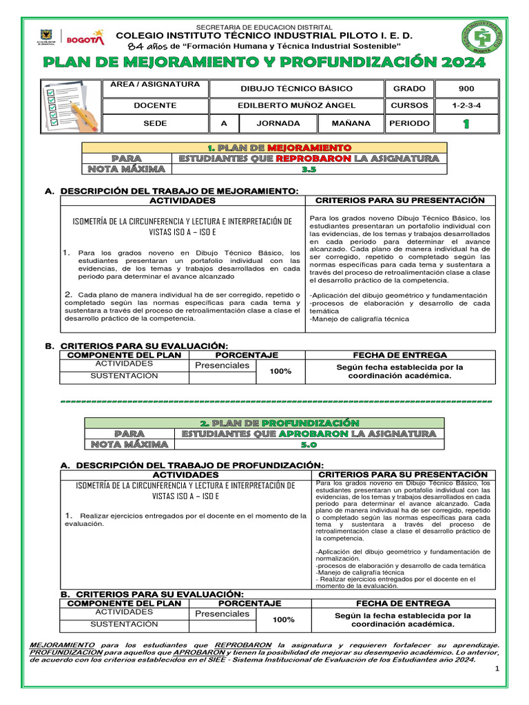 Plan MP 1P Dibujotécnicobásico 9° Arielsanchez JM 2024 | PDF ...