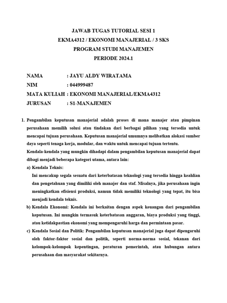 Tugas 1 Ekonomi Manajerial | PDF