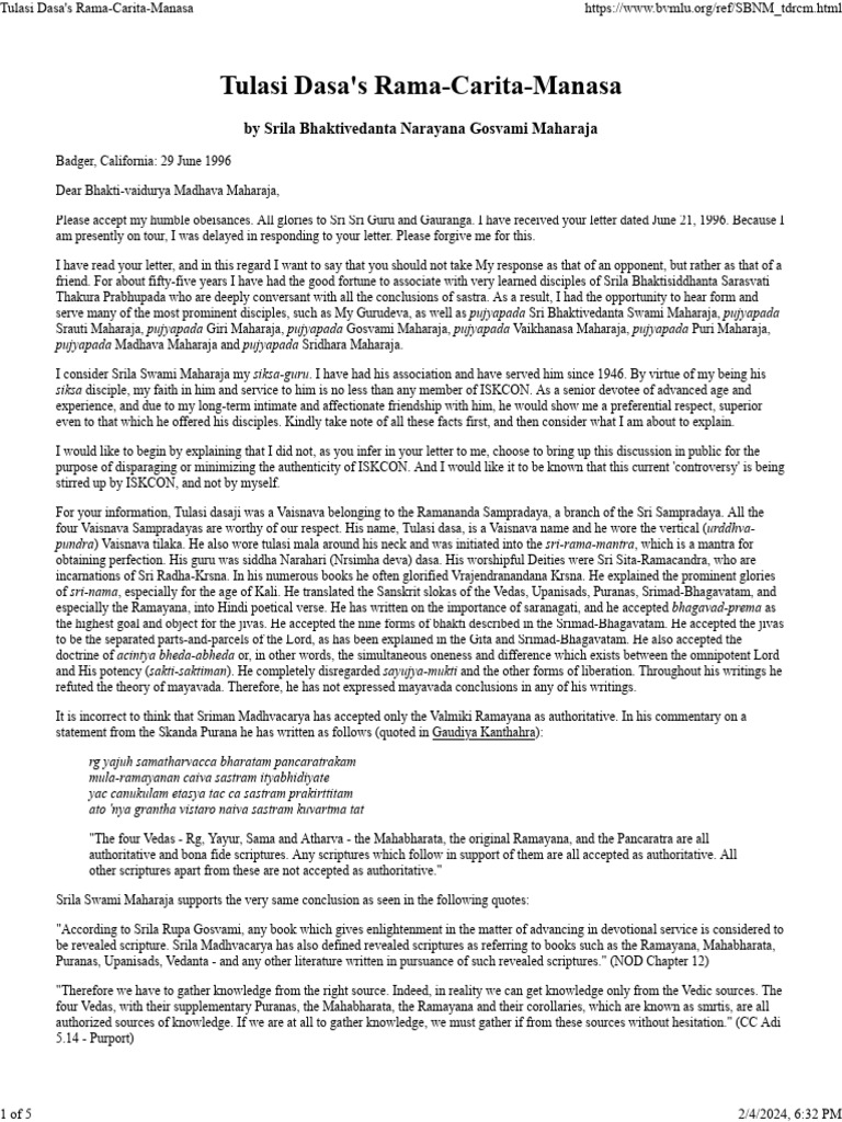Srila Narayana Maharaja On Tulasi Dasa's Rama-Carita-Manasa | PDF | Vaishnavism | Hindu Texts