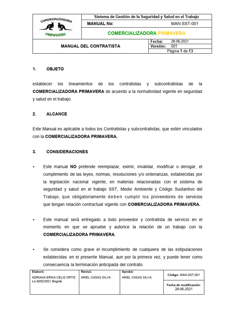 MAN-SST 001 Manual Del Contratista | PDF | Seguridad y salud ocupacional