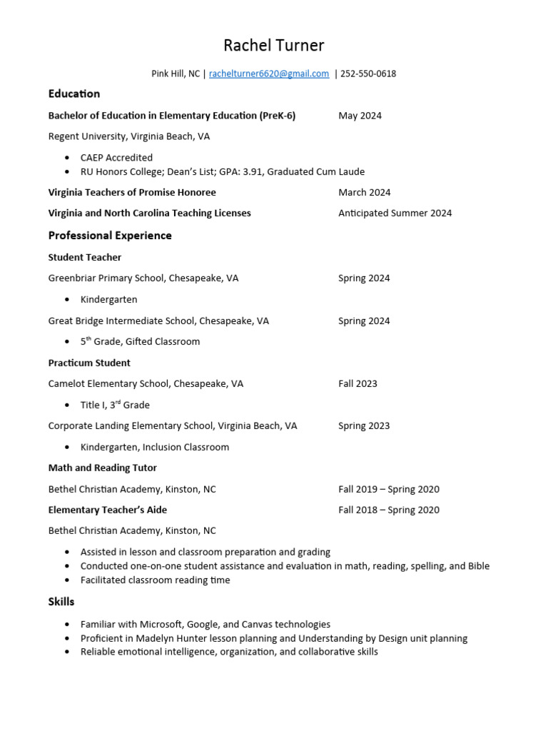 rachel turner resume spring 2024 | PDF