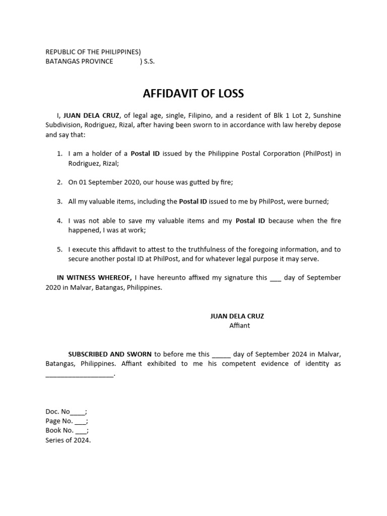 Affidavit of Loss for Postal ID | PDF