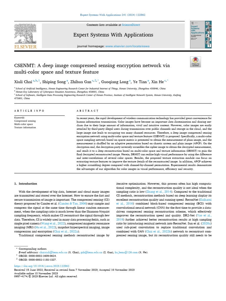 CSENMT A Deep Image Compressed Sensing Encryption Net - 2024 - Expert Systems W | PDF | Data ...