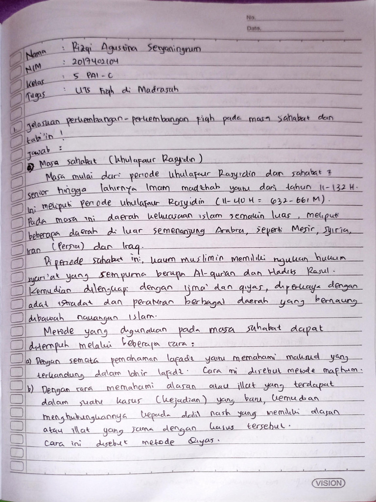 UTS Fiqh Di Madrasah - Rizqi Agustina S - 2017402104 - 5 PAI C | PDF