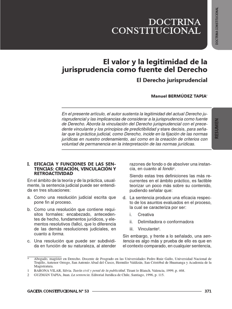 Bermúdez El Valor Y La Legitimidad De La Jurisprudencia Como Fuente