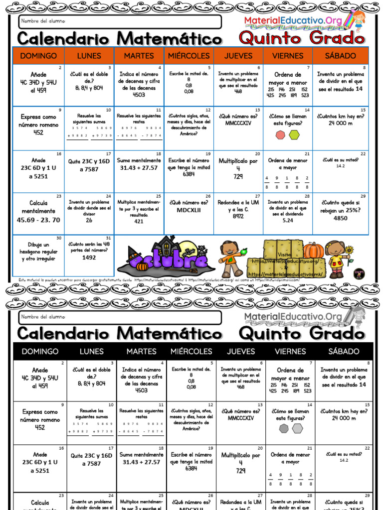 5°? ME Calendario Matématico Octubre ? | PDF | Aritmética