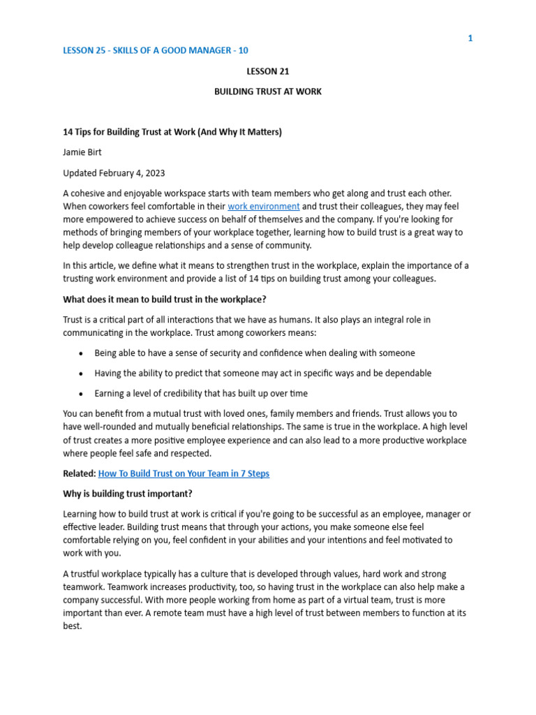 Lesson 21 - Building Trust at Work | Download Free PDF | Empathy ...