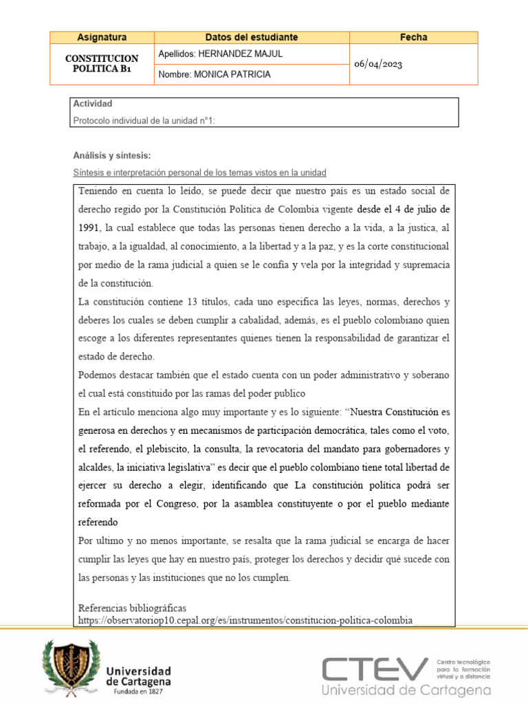 Plantilla Protocolo Individual Constitucion Politica Unidad 1 | PDF | Constitución | Documentos ...