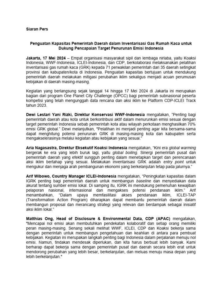 Siaran Pers - Pelatihan IGRK Kabupaten Dan Kota - Reviewed by CDP | PDF | Ilmu Sosial