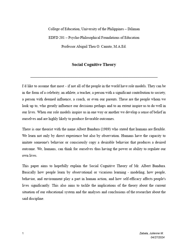 Social Cognitive Theory | Download Free PDF | Self Efficacy | Cognition