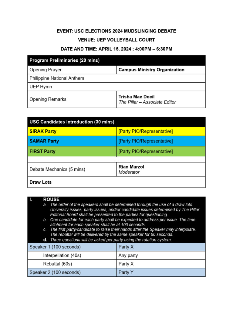 Mudslinging Debate Detailed Program COPY FOR PARTIES | PDF