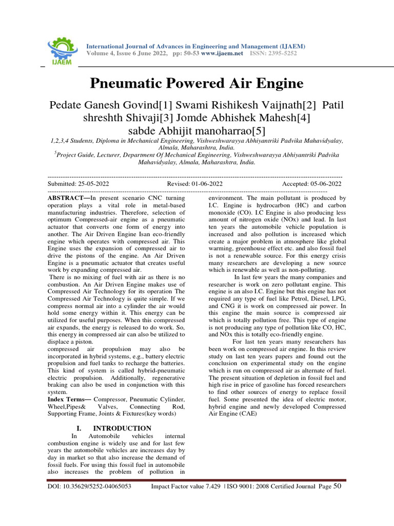 Pneumatic Powered Air Engine | PDF | Engines | Piston