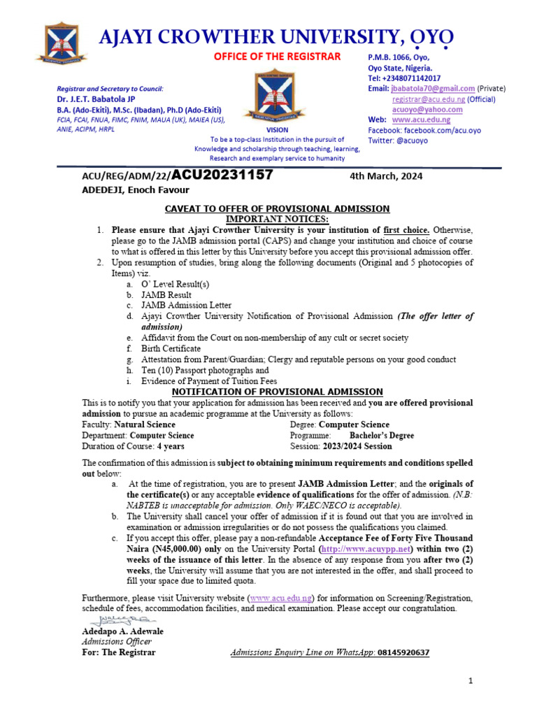 Admission Letter Sample | PDF | Academic Degree