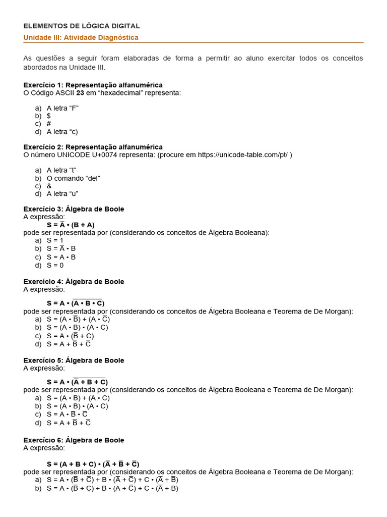 Atividade Diagnostica - UN03 Elementos de Logica Digital v01 | PDF | Álgebra booleana | Ensino ...