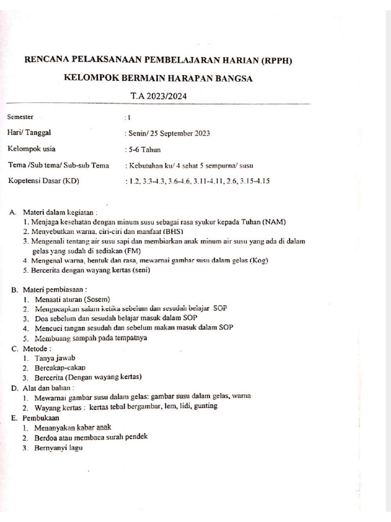 RPPH Paud Harapan Bangsa | PDF