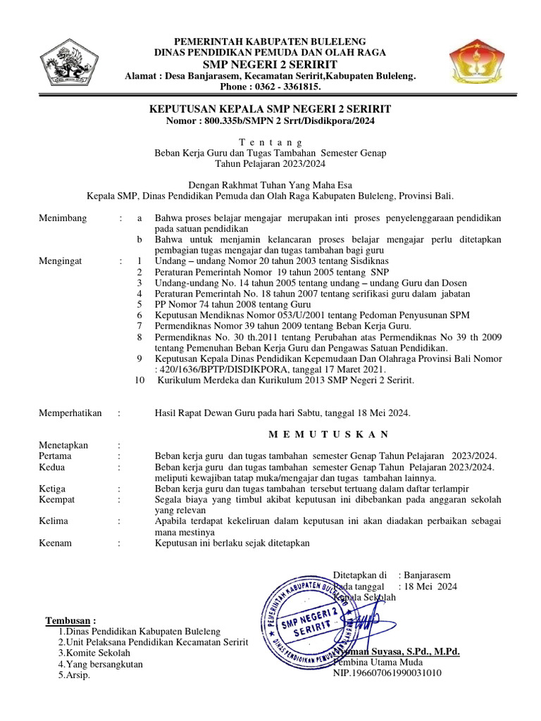 Konsideran SK Pembagian Tugas Genap 18 MEI 2024 PPPK TTD | PDF