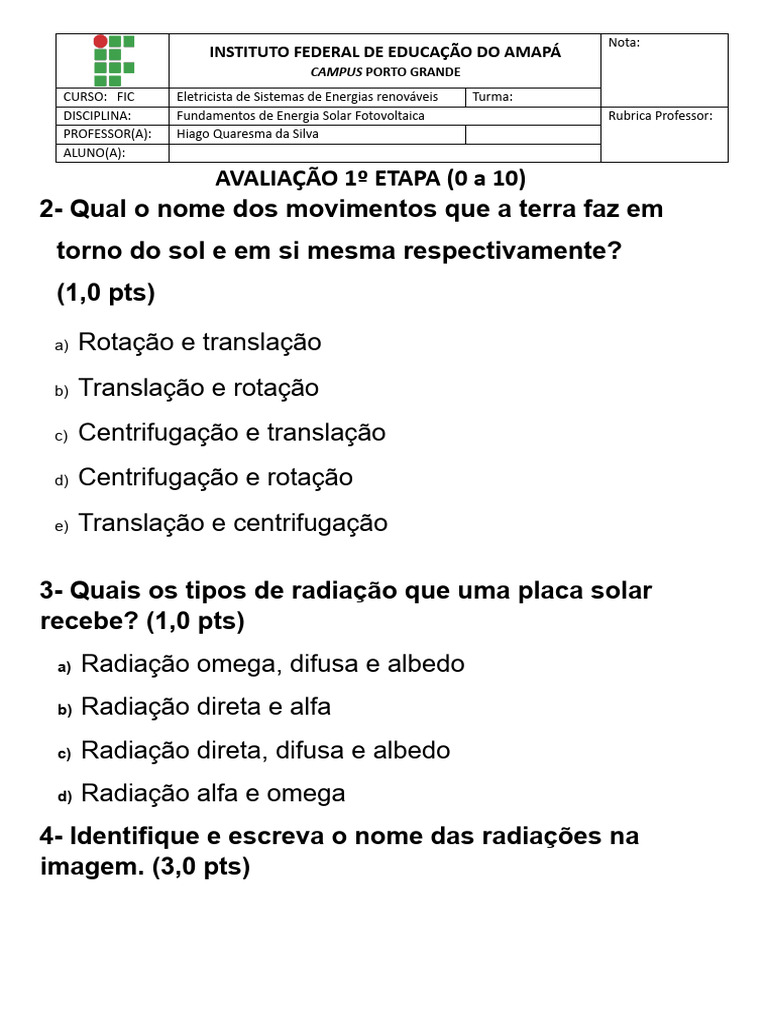 Prova de Fundamentos de Energia Solar Fotovoltaica 2024 | PDF Prova de Fundamentos de Energia Solar Fotovoltaica 2024 | PDF