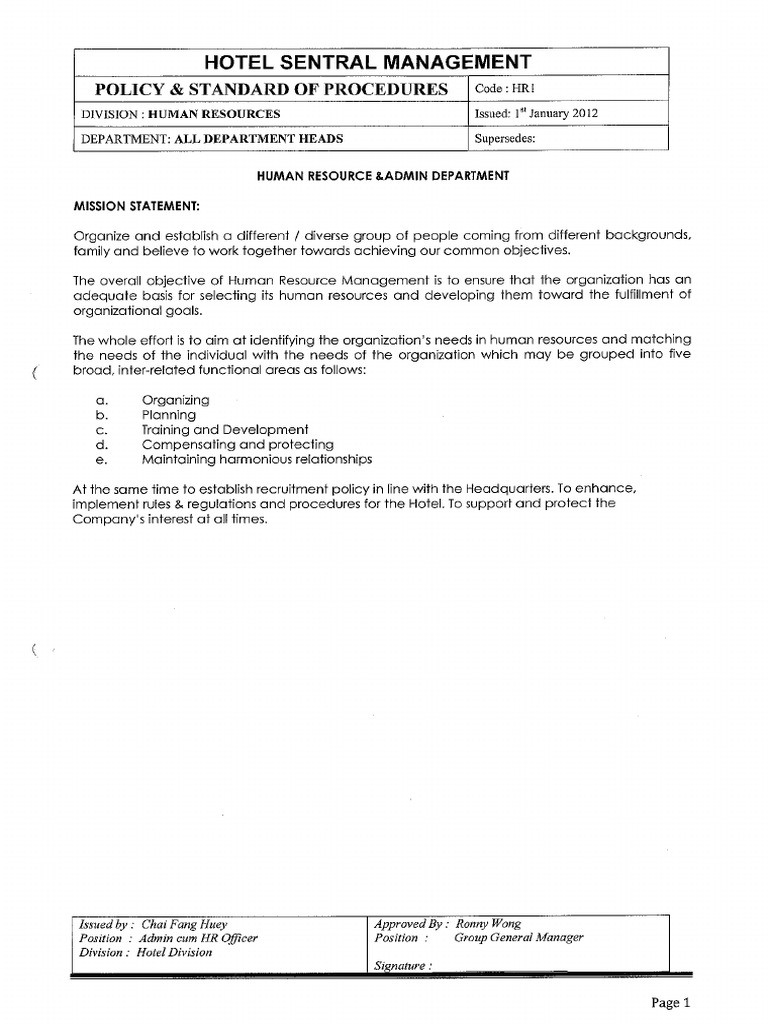 Sop Hotel Sentral MGT | PDF