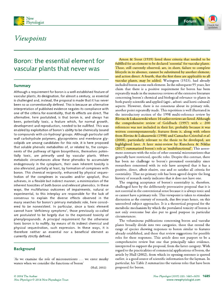 Boron - The Essential Element For Vascular Plants That Never Was New Phytologist 2019 | PDF