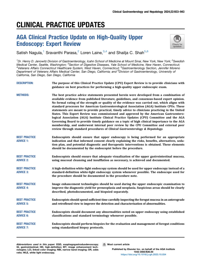 AGA Clinical Practice Update On High Quality Upper | PDF | Endoscopy ...