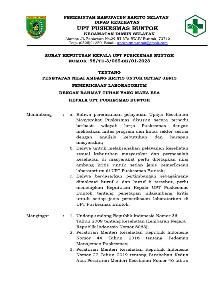 SK Penetapan Nilai Ambang Kritis Untuk Setiap Jenis Pemeriksaan Lab | PDF | Sains & Matematika