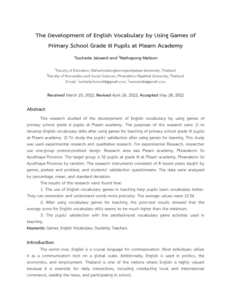 The Development of English Vocabulary by Using Games of Primary School ...
