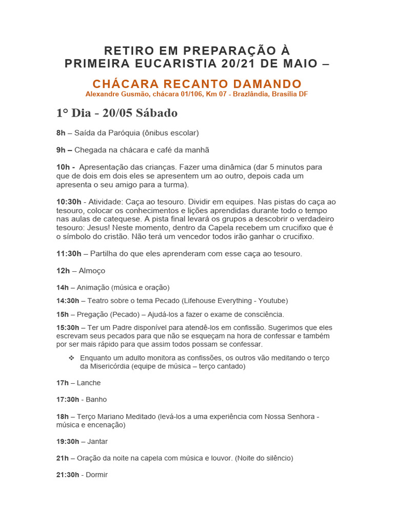 Cronograma Retiro Primeira Eucaristia | PDF