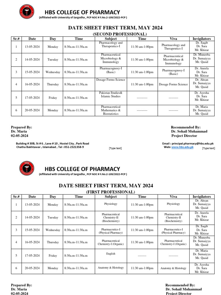 FIRST TERM Date Sheets First and Second Professionals | PDF | Pharmaceutical Sciences | Pharmacy