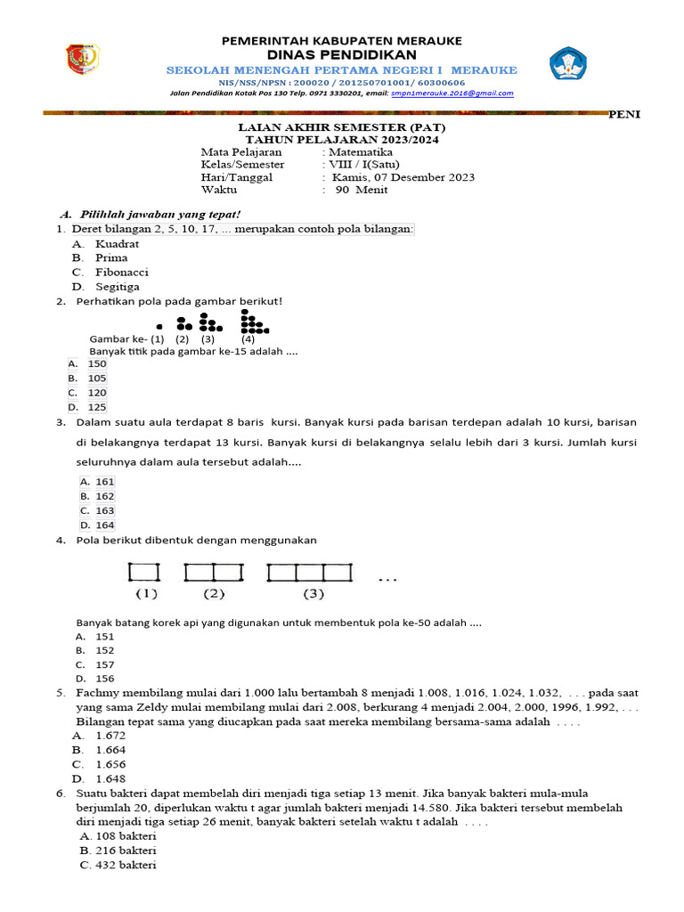 Soal Pas MTK Viii Sem 1 | PDF | Metode & Bahan Ajar