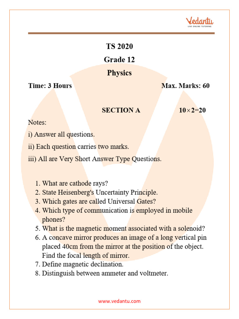 TSBSE Class 12 Physics Question Paper 2020 | PDF | Physical Sciences | Materials Science